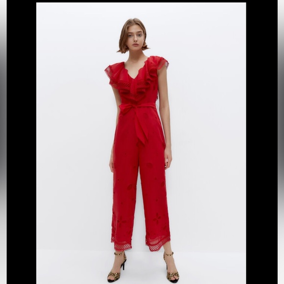 Uterque | Pants & Jumpsuits | Uterque Red Sheer Eyelet Embroidery Tiered Ruffles Tie Belt Crop ...